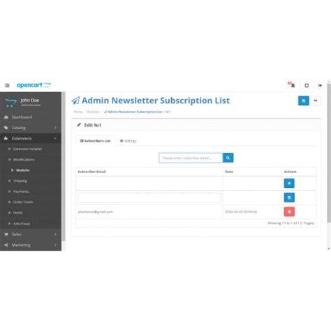 OpenCart Admin Newsletter Subscription List