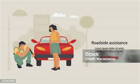 자동차 수리 길가 지원 또는 수리인교체 휠을 장착한 견인 서비스를 위한 웹 배너 교통에 대한 스톡 벡터 아트 및 기타 이미지 교통 긴급출동 서비스 문제 Istock