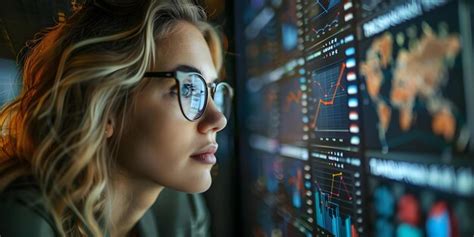 Senior Female Data Scientist Reviewing Risk Management Reports On Large Digital Screen Concept