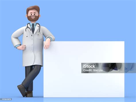 남자 의사 아이버슨의 3d 그림은 하얀 빈 판에 몸을 기대고 서 있다 만화 캐릭터의 초상화는 전광판에 몸을 기대고 한 팔을 판자에 올려놓은 채 서 있다 3차원 형태에 대한