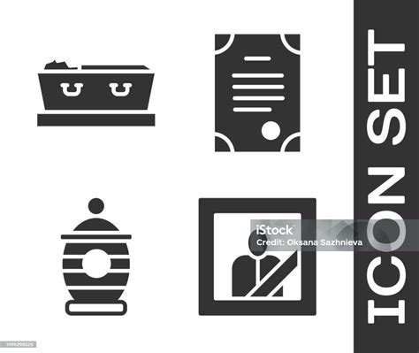 애도 사진 프레임 죽은 관 장례식 항아리 및 사망 증명서 아이콘을 설정합니다 벡터 관 제작물에 대한 스톡 벡터 아트 및 기타