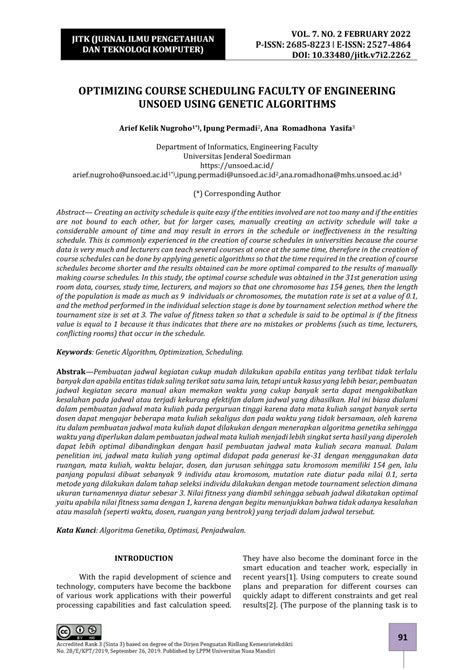 Pdf Optimizing Course Scheduling Faculty Of Engineering Unsoed Using Genetic Algorithms