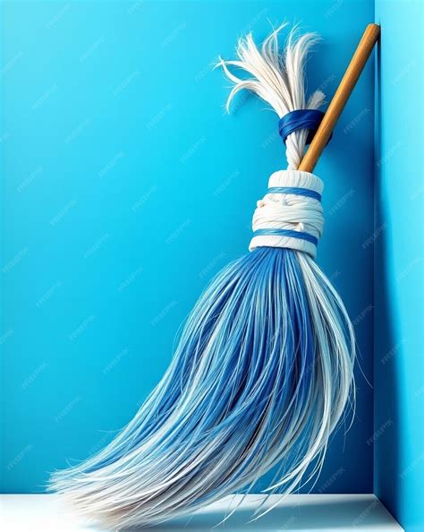 A Close Up Of A Blue And White Broom With A Wooden Handle Premium Ai