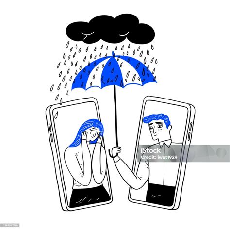 남자는 전화를 통해 그녀의 슬픈 친구를 위로 심리적 문제가 여성을 지원합니다 우울함에 대한 스톡 벡터 아트 및 기타 이미지 우울함 보살핌 불안 Istock