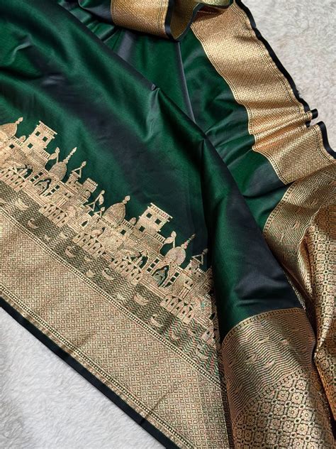 Bottle Green Banarasi Satin Katan Silk Saree With Traditional Ghat Zar