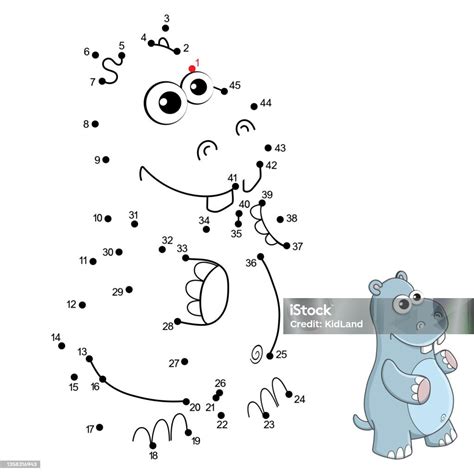 숫자에 점 게임과 아이들을위한 답변 점으로 숫자를 연결하고 그림을 완료합니다 만화 귀여운 하마 캐릭터와 교육 게임 및 색칠 페이지 45로 계산하는 연습을 합니다 점