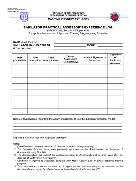 20 Simulator Practical Assessors Experience Log Pdf