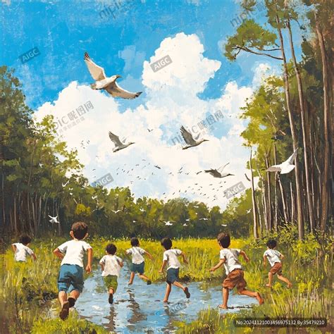 Ai创作图郊外游玩愉快的童年 候鸟油画 童年插画梦幻童年 美好童年插画 儿童森林插画 竹林飞鸟插画 童趣幻想 野外插画 梦幻儿童插画超治愈 童年的夏天 大自然插画包装插画 手绘儿插森林 湿地