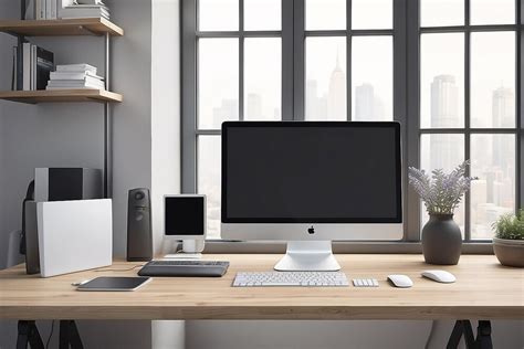 Modern Workplace With A Blank Computer Monitor Keyboard And Mouse In Front Of A Window At Home