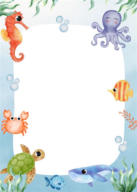 สีฟ้า สีครีม น่ารัก ทะเล ภาพประกอบ ขอบกระดาษ A4 Templates By Canva