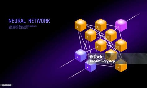 신경 그물입니다 신경 네트워크입니다 깊은 학습 인지 기술 개념입니다 인공 지능 논리 메모리 프로세서 수학입니다 보라색 네온 컬러 골드 노란 빛나는 벡터 일러스트 레이 션
