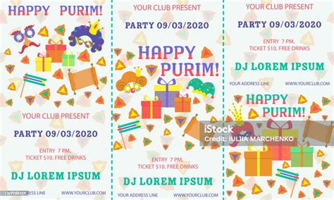 Purim 어떤 목적을위한 훌륭한 디자인 전단지 배너 벡터 배너 포스터 디자인 퓨림 티켓 일러스트레이션 파티 초대장 만화 벡터 일러스트레이션입니다 템플릿 인사말 템플릿
