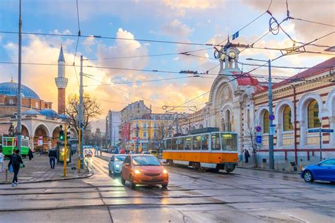 Urban Street Scene With Banya Bashi Mosque And Tram Sofia Editorial