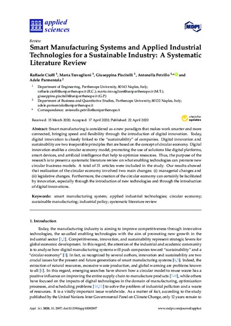 Pdf Smart Manufacturing Systems And Applied Industrial Technologies For A Sustainable Industry