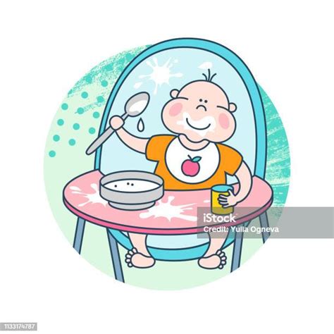 어머니는 그녀의 아기를 먹이 엄마는 집에서 그녀의 사랑 스러운 아이에 게 건강 한 음식을 제공 합니다 흰색 배경에 고립 된 로고입니다 가정 주방에 대한 스톡 벡터 아트 및