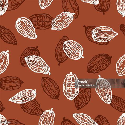 코코아 콩 품종 원활한 패턴 카카오 포드 과일의 다른 다양성 벡터 음식 배경 초콜릿 포장 디자인에 좋습니다 갈색에 대한 스톡 벡터 아트 및 기타 이미지 Istock