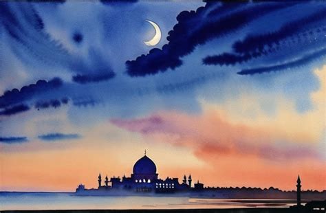 라마단 카림 이드 무바라크 람잔 이슬람 축제를 위한 아름다운 모스크 밤 배경 성원 이슬람 건축 생성 Ai의 수채화 이슬람 개념 배너 프리미엄 사진