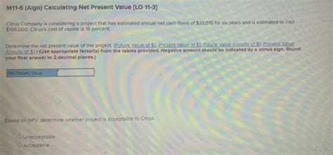 solved m11 6 algo calculating net present value [lo 11 3