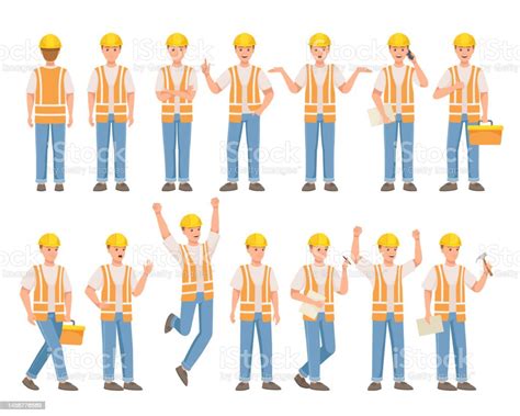 하드 모자를 쓴 남자 빌더 캐릭터와 다른 포즈와 제스처 벡터 세트로 경고합니다 건설 현장에 대한 스톡 벡터 아트 및 기타 이미지