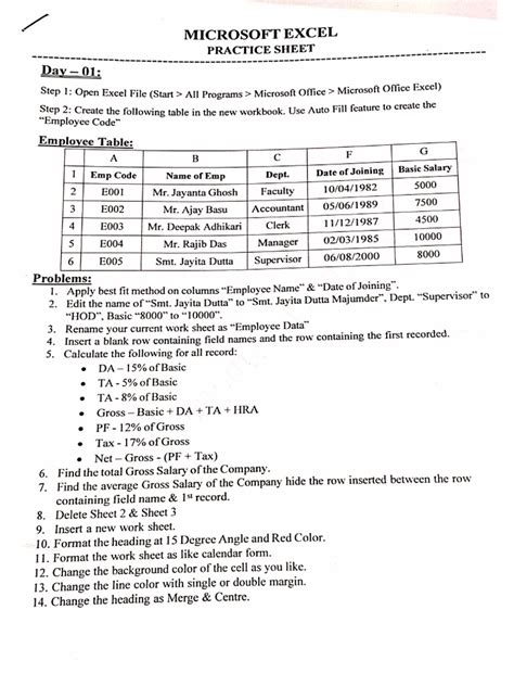 Excel Practice Sheet Pdf
