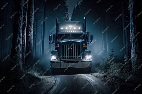 Truck Barreling Down A Forest Road At Night With Only Its Headlights