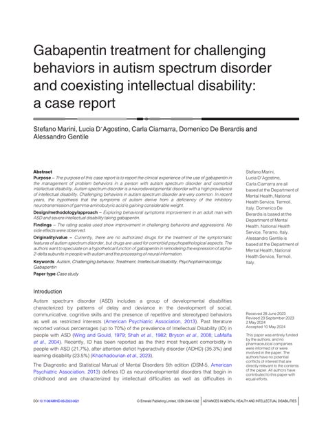 Pdf Gabapentin Treatment For Challenging Behaviors In Autism Spectrum