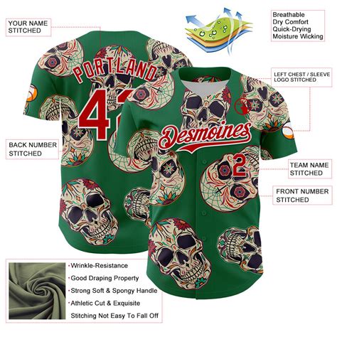 Custom Kelly Green Red White 3d Mexican Skull Authentic Baseball Jersey