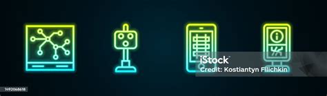 라인 철도지도 기차 신호등 기차표 온라인 구매 및 정보 스탠드를 설정하십시오 빛나는 네온 아이콘입니다 벡터 개념에 대한 스톡 벡터 아트 및 기타 이미지 Istock