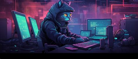 Premium Photo Savvy Feline Hacker Cat In Profession Illustration Generated