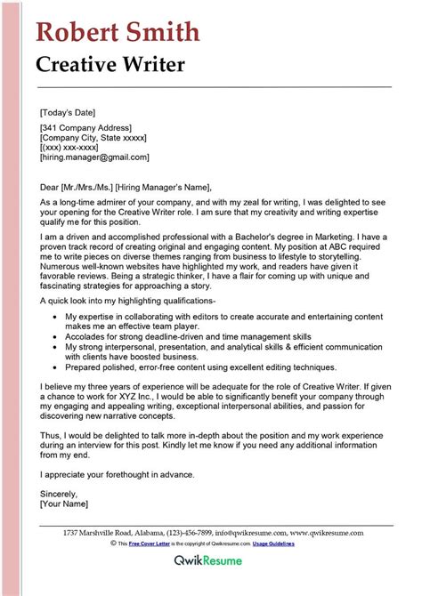 Creative Writer Cover Letter Examples Qwikresume
