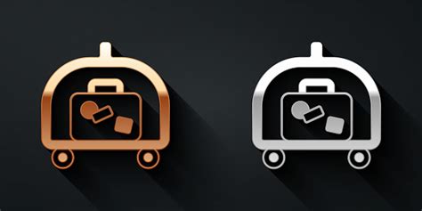 검은 색 배경에 고립 된 가방 아이콘이있는 골드 및 실버 호텔 수하물 카트 여행 수하물 표지판 여행 수하물 아이콘 긴 그림자 스타일 벡터 가방에 대한 스톡 벡터 아트 및