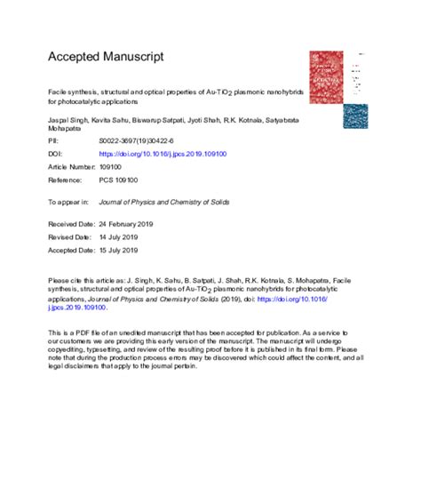 Pdf Facile Synthesis Structural And Optical Properties Of Au Tio2 Plasmonic Nanohybrids For