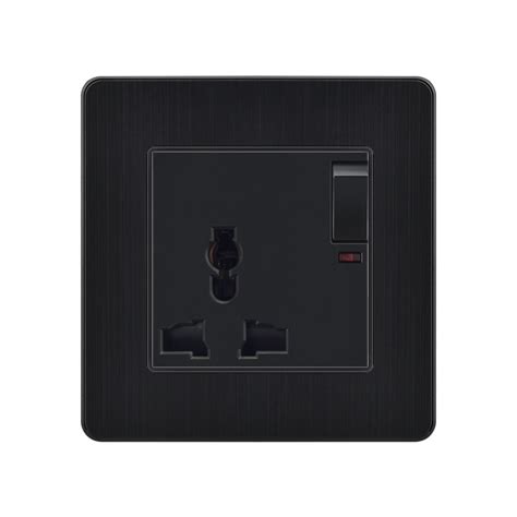 Universal 3 Pin Socket With Switch With Indicator Light Aluminum Stainless Steel Black Grey