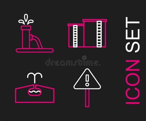 Set Line Exclamation Mark In Triangle Oilfield Industrial Factory Building And Pump Pump Jack