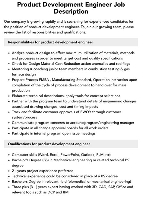 Product Development Engineer Job Description Velvet Jobs