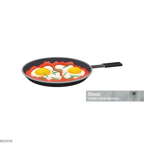 프라이팬 신선한 영양가 있는 아침 식사 음식 메뉴 카페 레스토랑에 대 한 디자인 요소에 토마토와 튀긴 계란 흰색 배경에 그림을 벡터 개념에 대한 스톡 벡터 아트 및 기타
