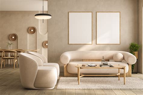 소파와 안락의자가 있는 베이지색 거실 인테리어 책과 장식이 있는 커피 테이블 나무 바닥에 깔린 카펫 의자가 있는 식탁 모형 포스터 모형 복사 공간 벽 3d 렌더링 0명에