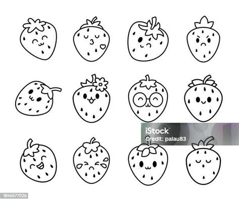 귀여운 행복한 딸기 캐릭터 이모티콘 색칠 공부 페이지 카와이 만화 과일 손으로 그린 스타일입니다 벡터 그리기 디자인 요소 모음 딸기에 대한 스톡 벡터 아트 및 기타 이미지