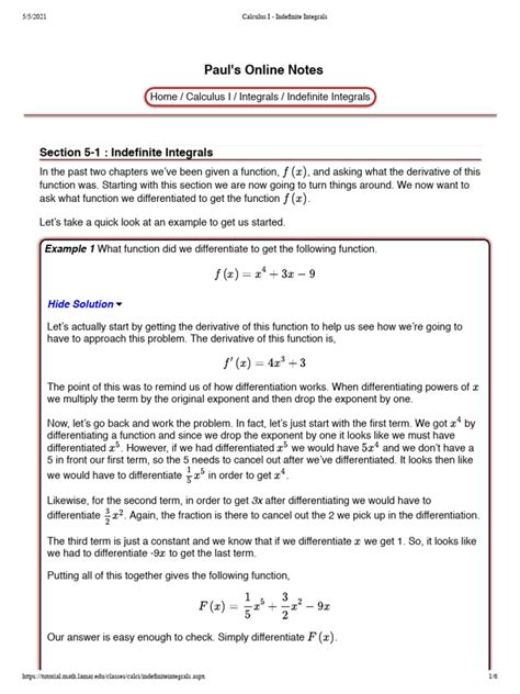 Calculus I Indefinite Integrals Pdf Integral Function Mathematics