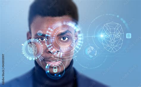 Black Businessman And Biometric Scanning Digital Hologram With Fingerprint Foto De Stock
