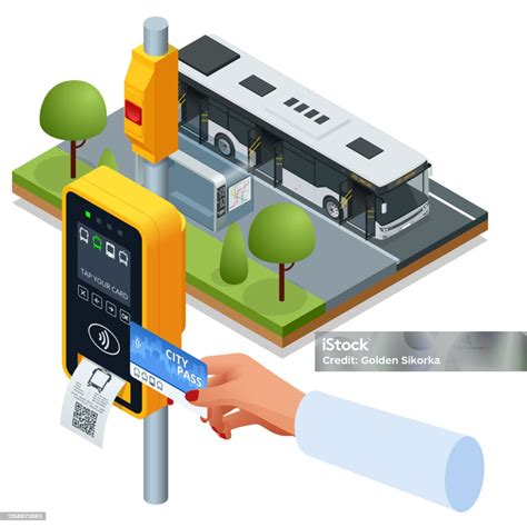 종이 스마트 카드 티켓을 사용하여 결제 키오스크 스탠드에서 운송 비를 지불합니다 여행자를위한 전자 티켓 종이 노란색 유효성 검사기 등측투영법에 대한 스톡 벡터 아트 및 기타