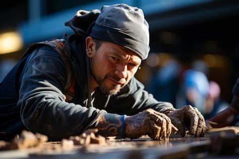 Premium Photo Man Is Carving Wooden Sculpture With Chisel