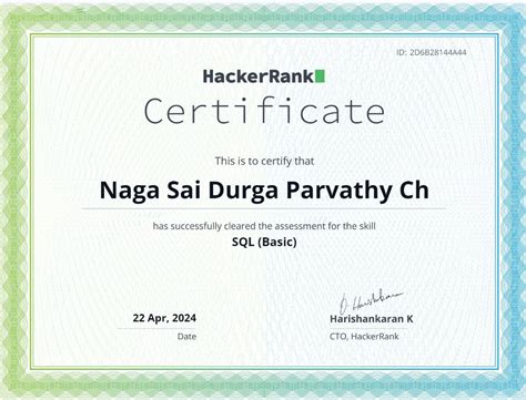 Sql Basic Certification From Hackerrank Parvathy Ch