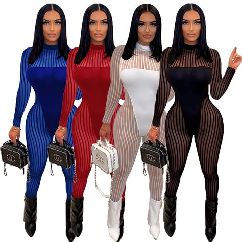 L56659 Women′ S Mesh Striped Long Sleeve Sexy See Through Jumpsuit