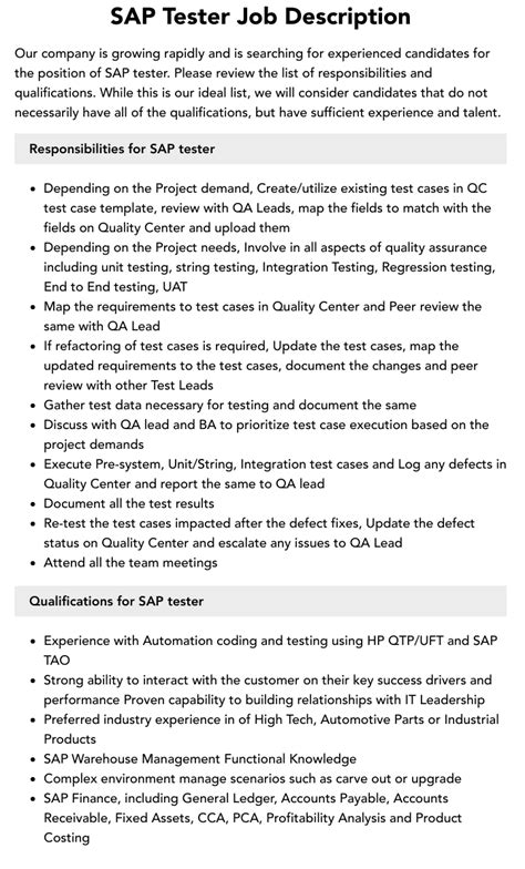 SAP Tester Job Description Velvet Jobs