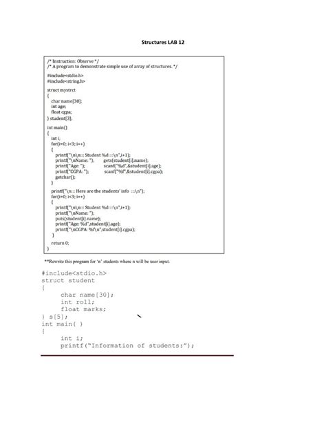 Lab 12 Struct Lab Manual C Language Structures Lab Example 3 C