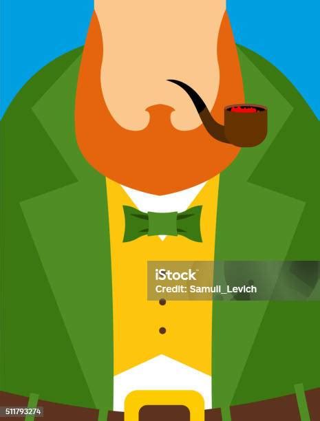 레프러콘 노란색 조끼를 착용하고 도면을 잡고 있습니다 초록색입니다 늙음 프록 코트 담배 파이프 St Patricks Day에 대한 스톡 벡터 아트 및 기타 이미지