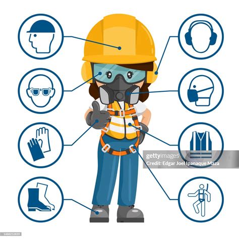 Industrial Construction Worker Woman With Personal Protective Equipment And Safety Icons