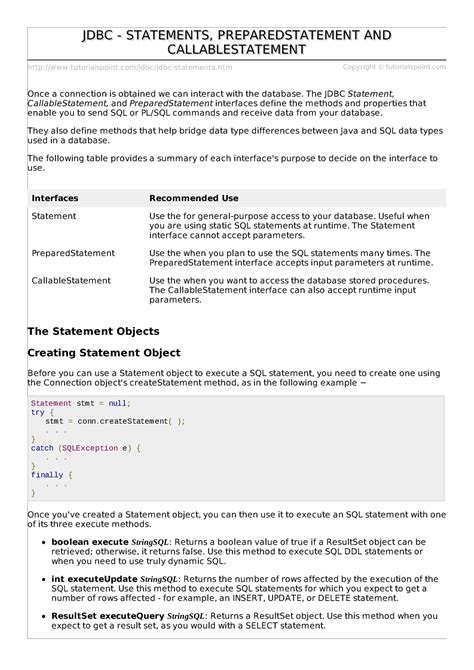 Jdbc Statements Useful Tutorialspointjdbcjdbc Statementshtm