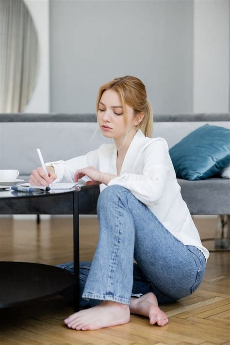 Barefoot Woman Writing On Notebook Near Stock Image Image Of White Barefoot 248936463
